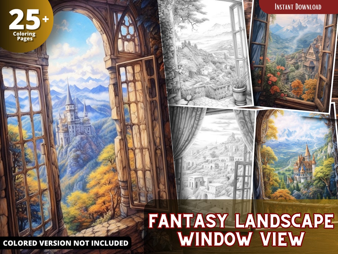 Fantasy Landscape Window View Coloring Pages 2 for Adults for - Etsy