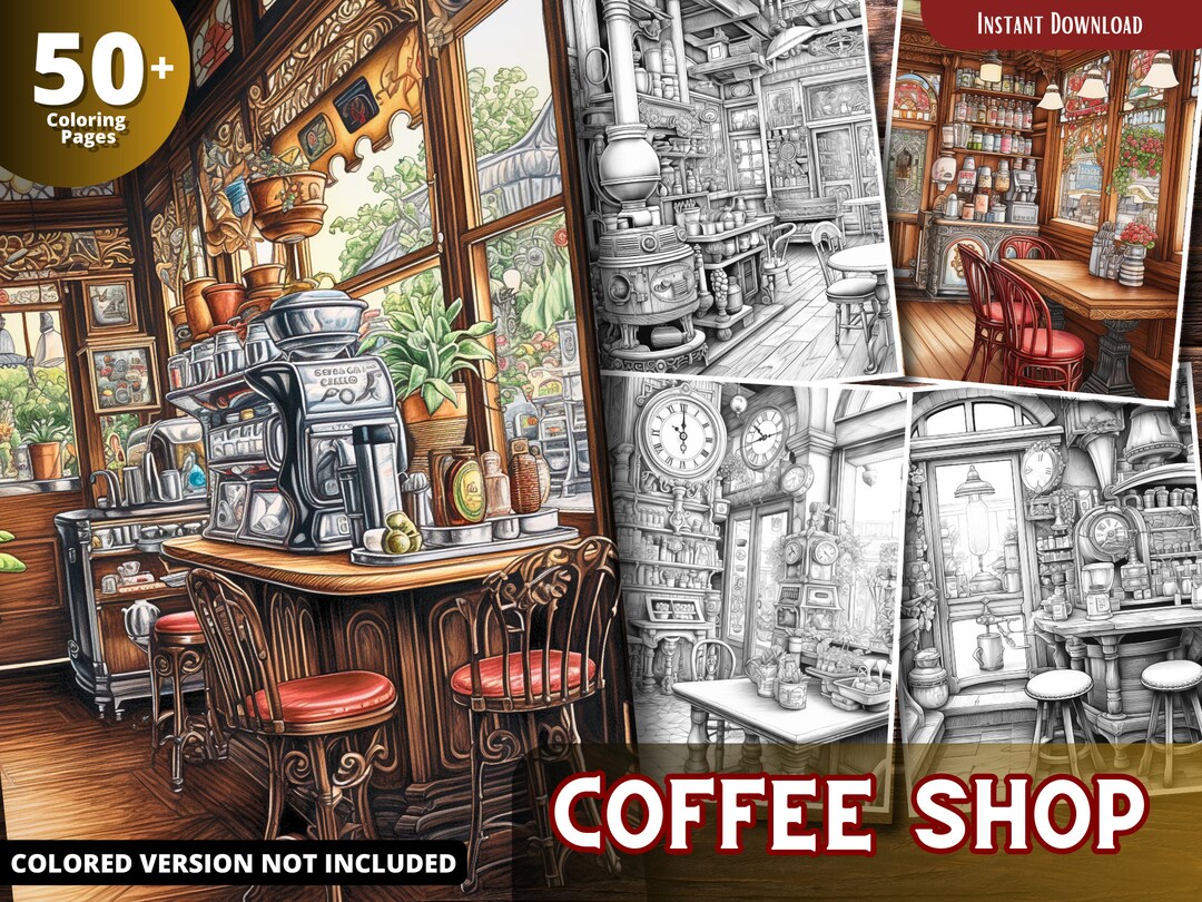 Coffee Shop Coloring Pages for Adults and for Kids for Relax and Stress ...