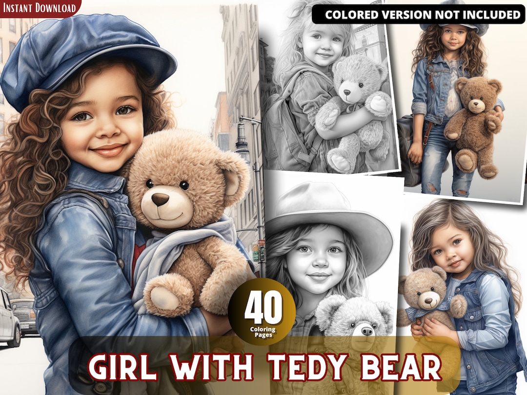 Girl With Tedy Bear Coloring Pages for Adults and for Kids Grayscale ...