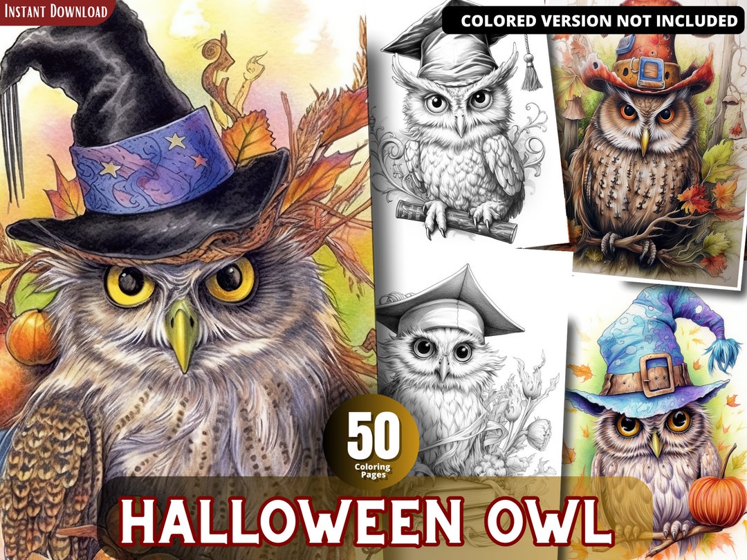 Halloween Owl Coloring Pages for Adults and for Kids Grayscale - Etsy