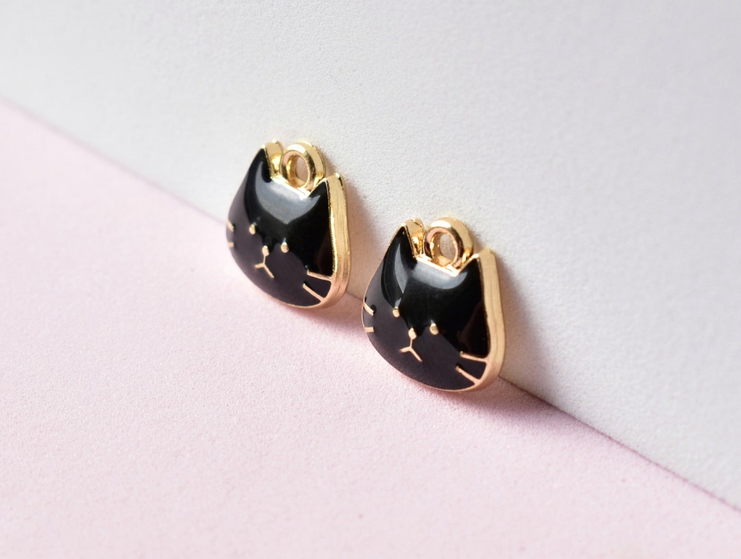 Enamel Cat Face Charms - Cute Black Cat Pendants for Jewellery Making ...