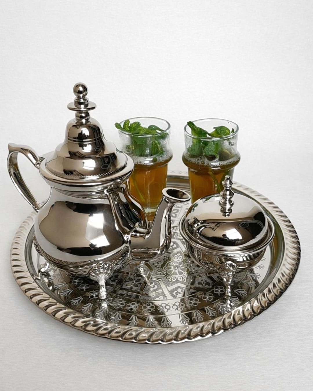 Luxury Moroccan Tea Set – Solid Brass Teapot, Engraved Tray & Glasses ...