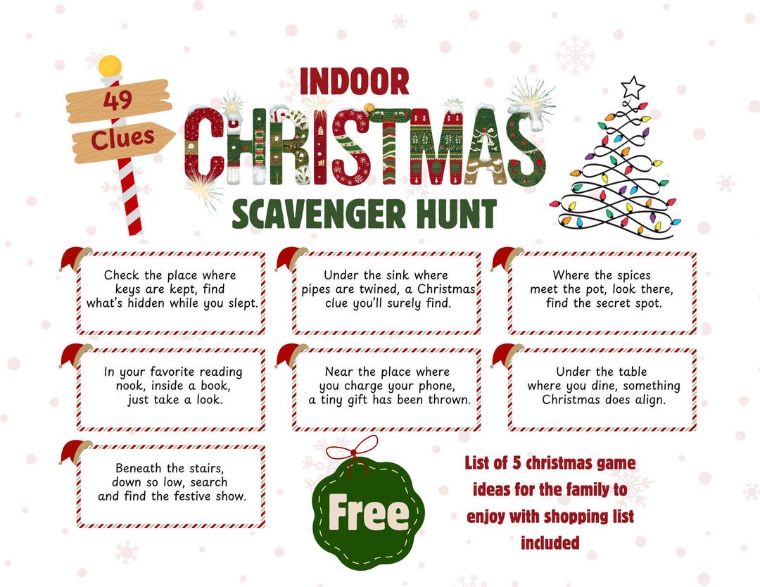 Indoor Christmas Treasure Hunt, Christmas Scavenger, Hunt Cards ...