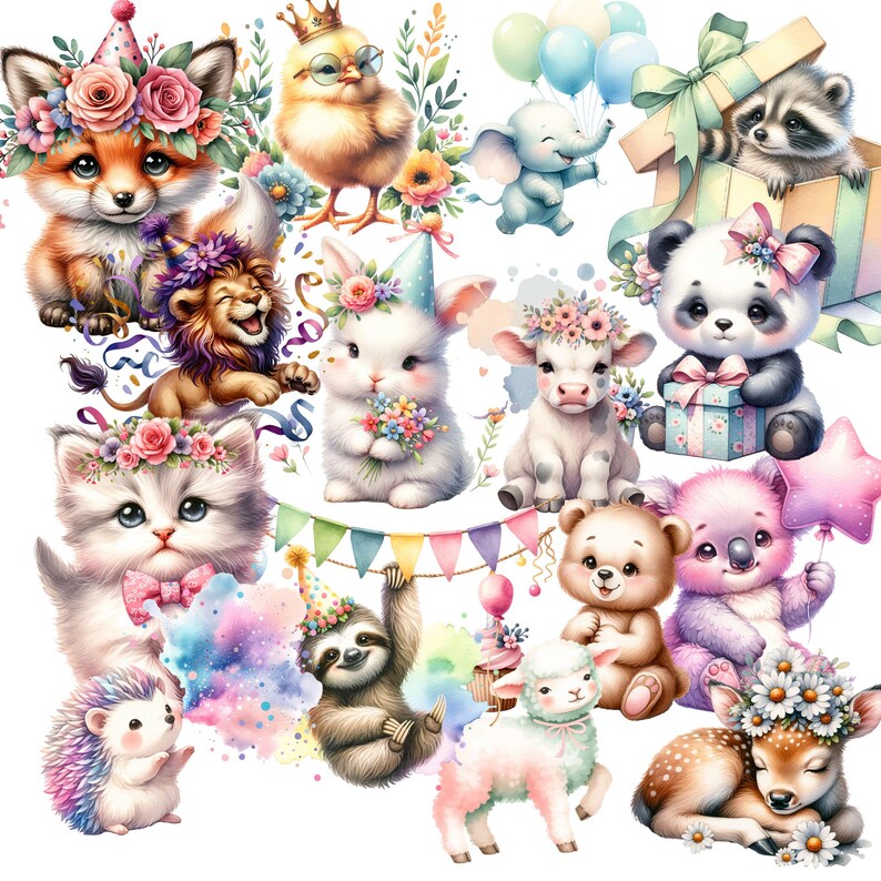 15 Cute Animal Birthday Party Clipart, Animals Birthday PNG Watercolor ...