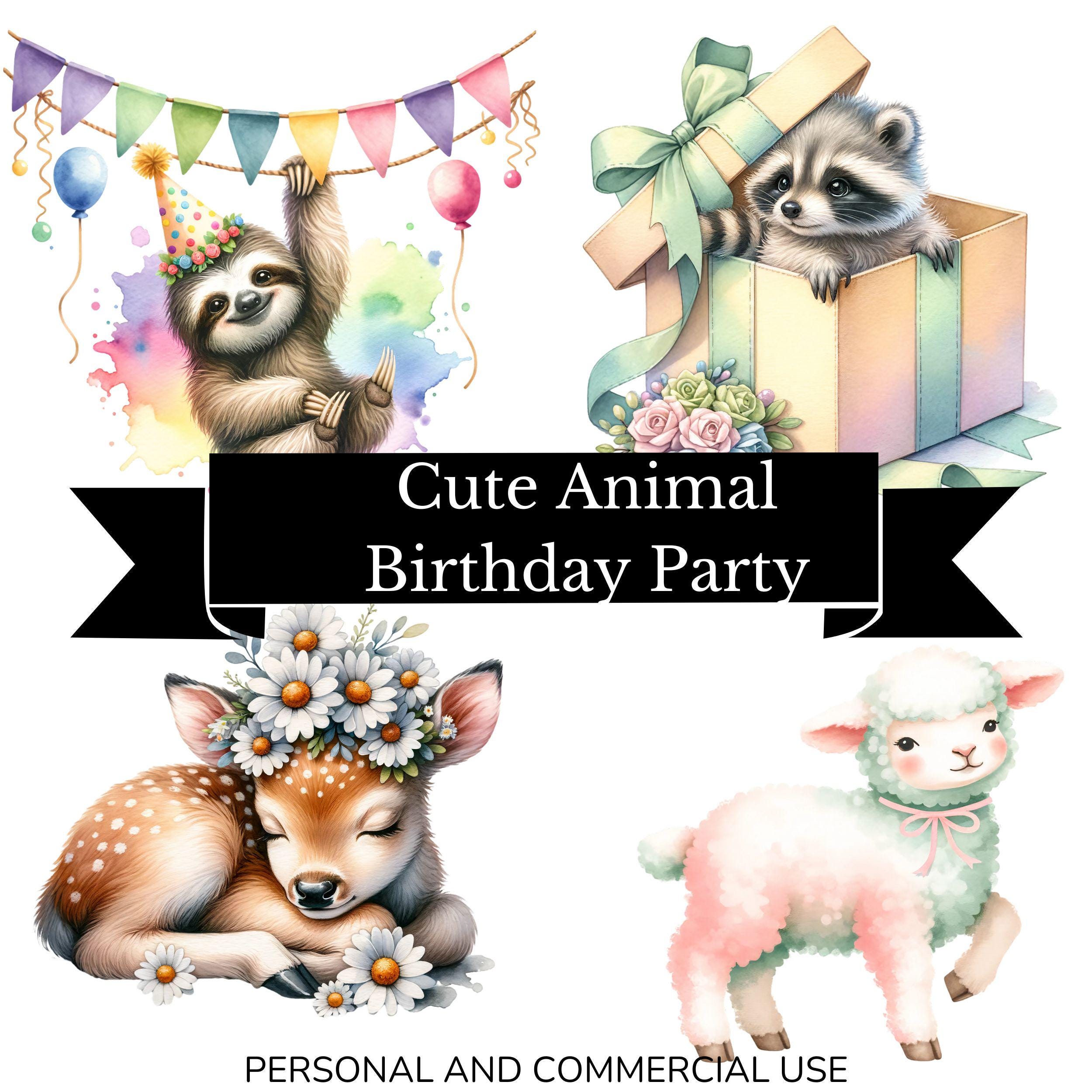 15 Cute Animal Birthday Party Clipart, Animals Birthday PNG Watercolor ...