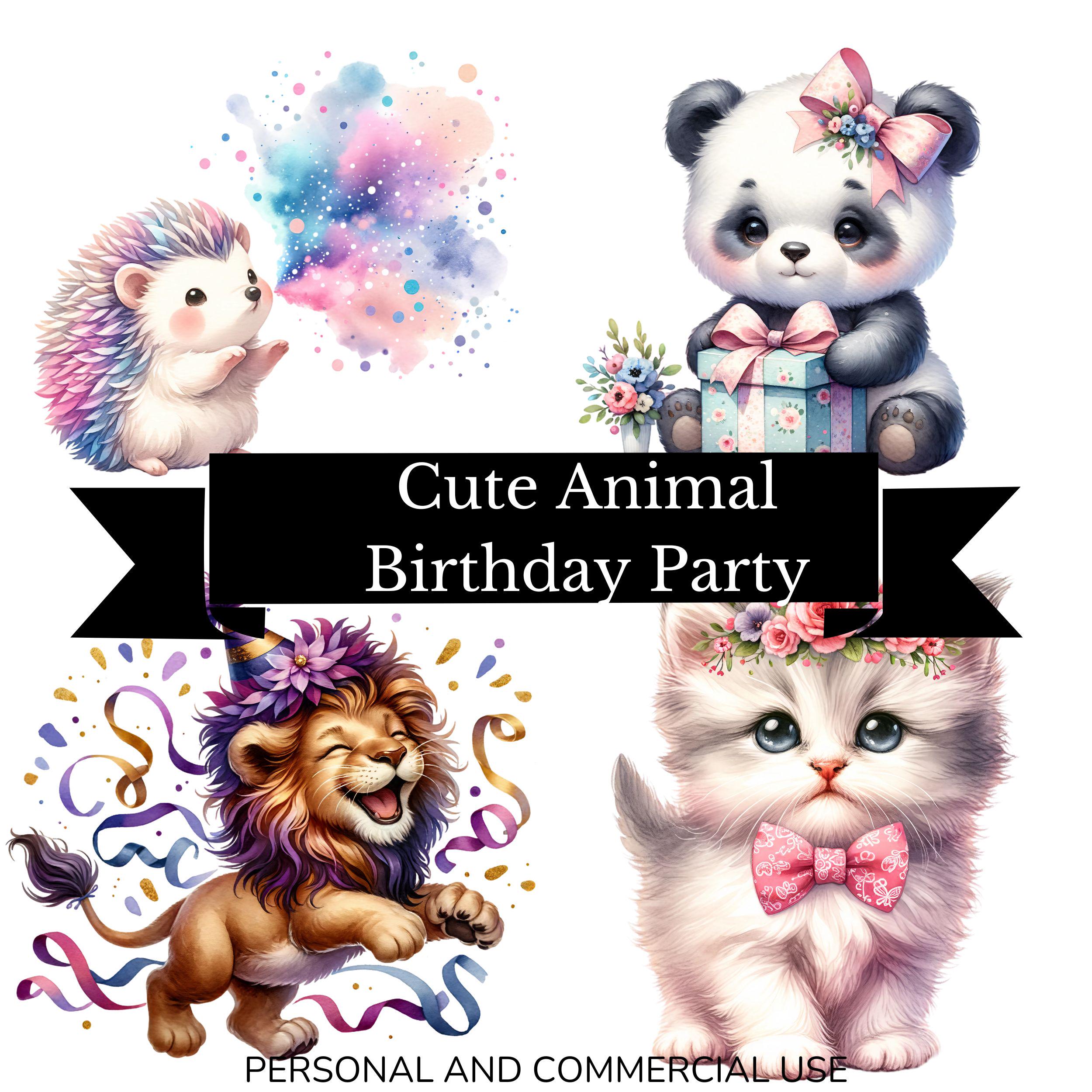 15 Cute Animal Birthday Party Clipart, Animals Birthday PNG Watercolor ...