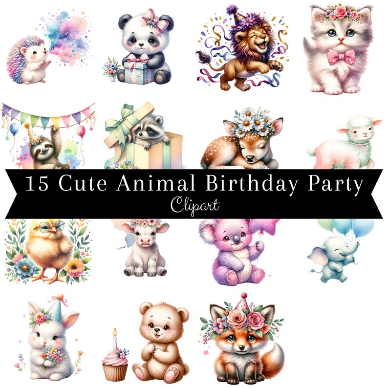 15 Cute Animal Birthday Party Clipart, Animals Birthday PNG Watercolor ...