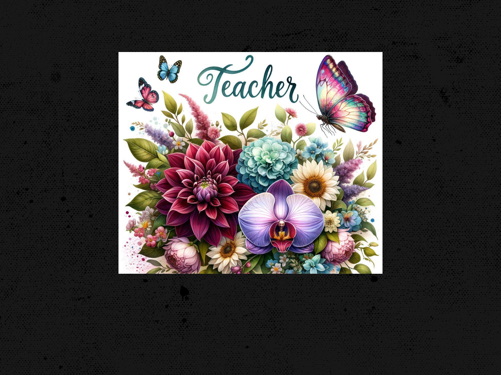 Digital Floral Teacher Design PNG, Butterflies and Flowers Illustration ...