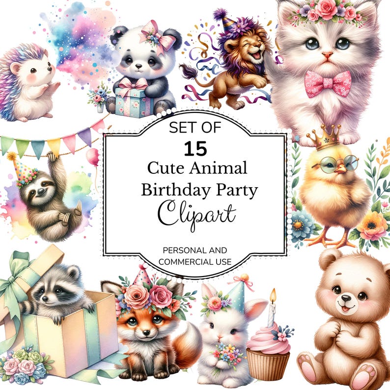 15 Cute Animal Birthday Party Clipart, Animals Birthday PNG Watercolor ...