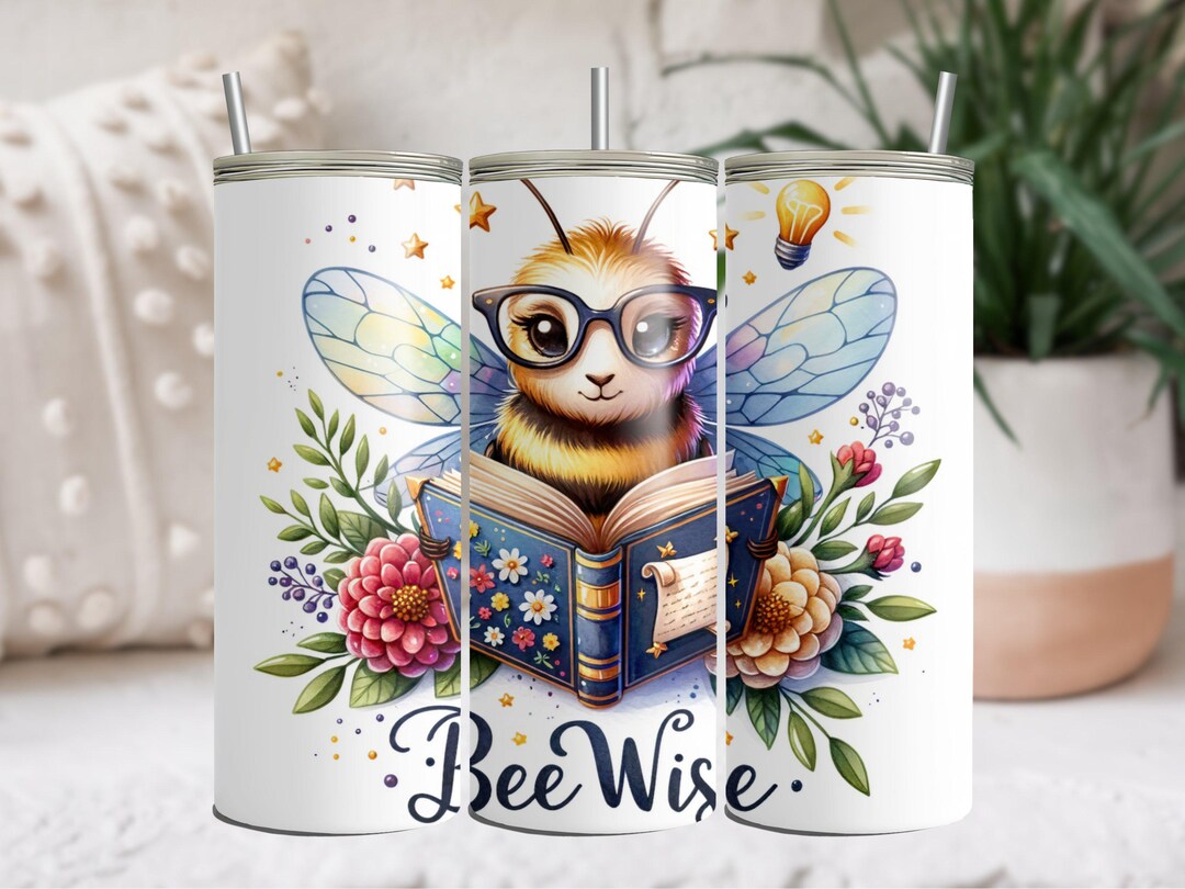 Bee Wise 20oz Tumbler Sublimation PNG, Bumblebee With Glasses Reading Book, Cute Digital Design ...