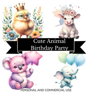 15 Cute Animal Birthday Party Clipart, Animals Birthday PNG Watercolor ...