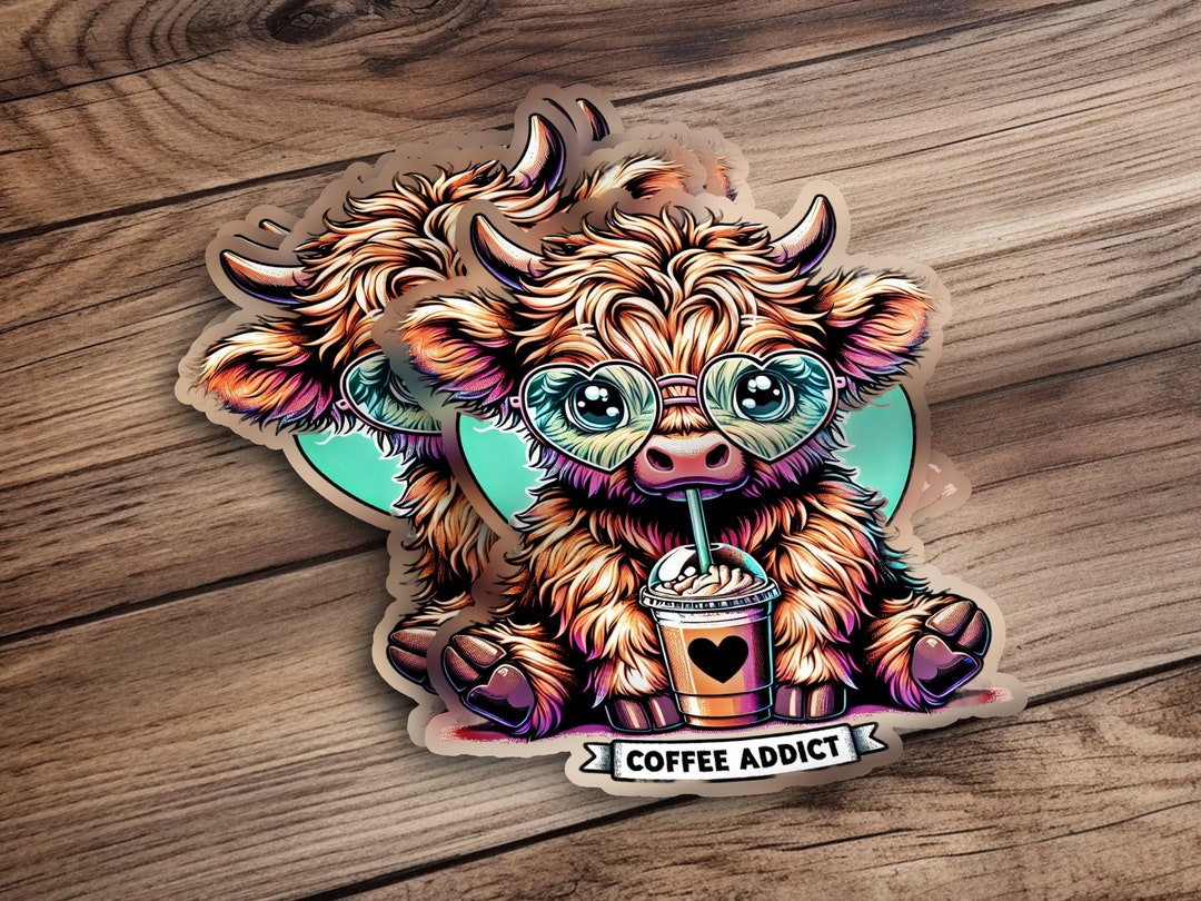 Cute Coffee Addict Highland Cow Art, Funny Cow Drinking Coffee Poster ...