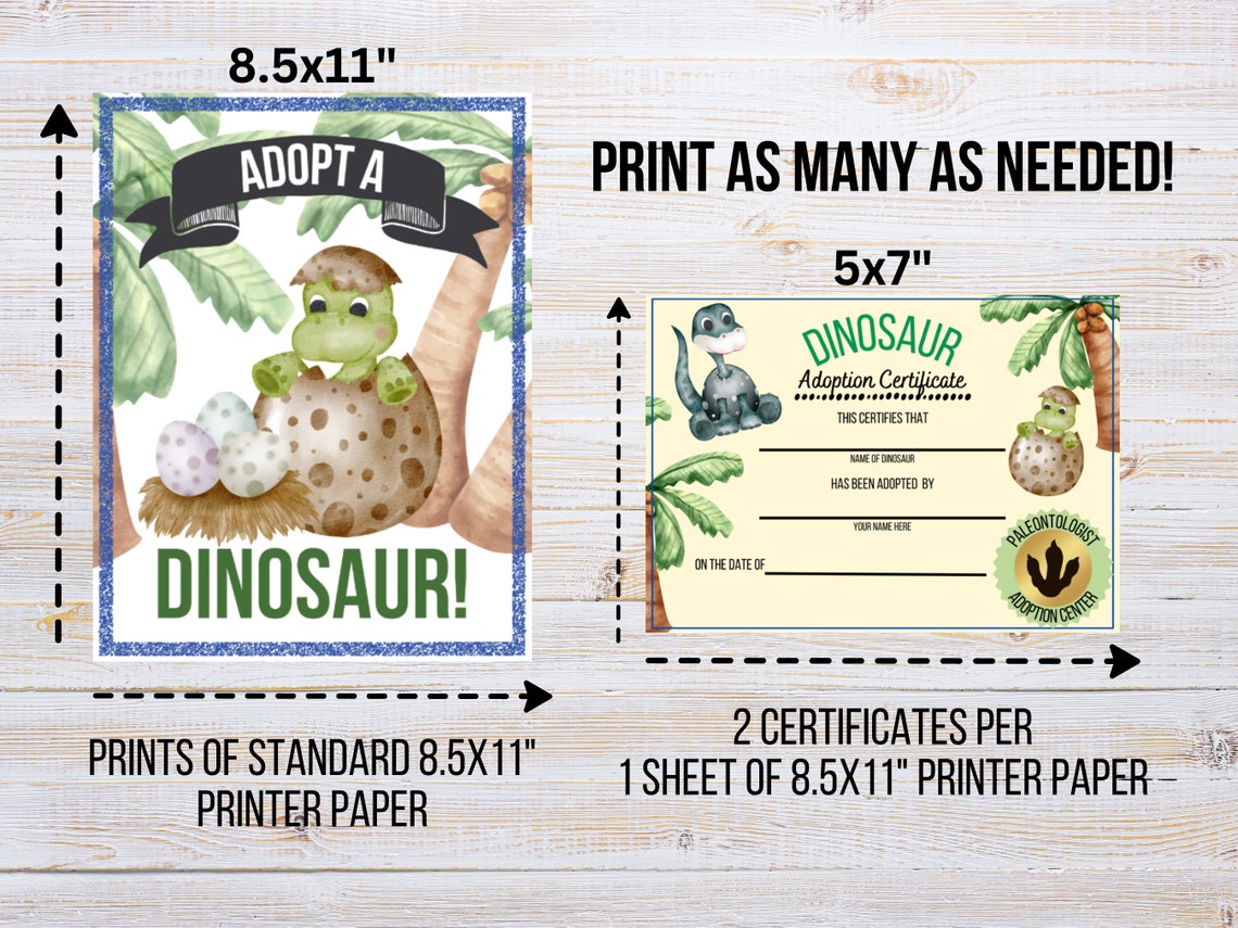 Dinosaur Adoption Certificate: Party Sign, Printable Template (PDF) - Etsy
