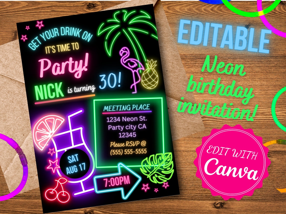 Neon Birthday Invitation, Summer Party, Neon Party, Neon Colors ...