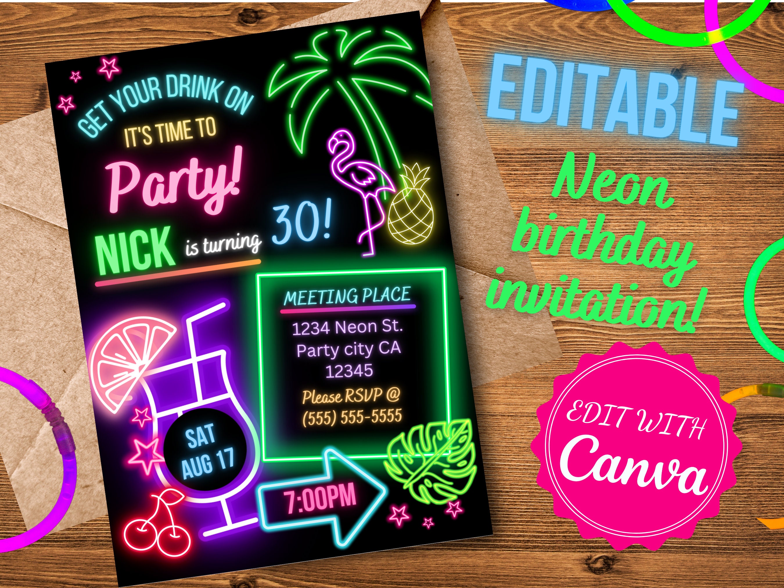Neon Birthday Invitation, Summer Party, Neon Party, Neon Colors ...