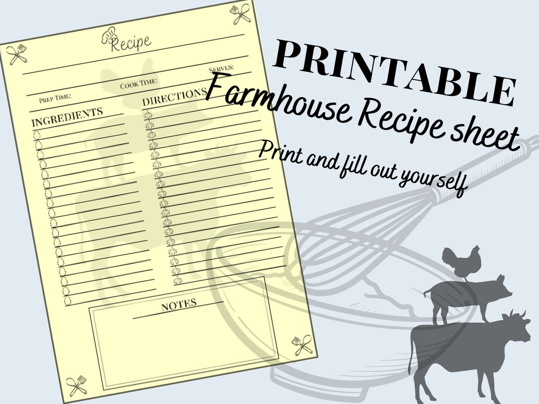 Farmhouse Recipe Sheet: Printable Recipe Page (PDF) - Etsy