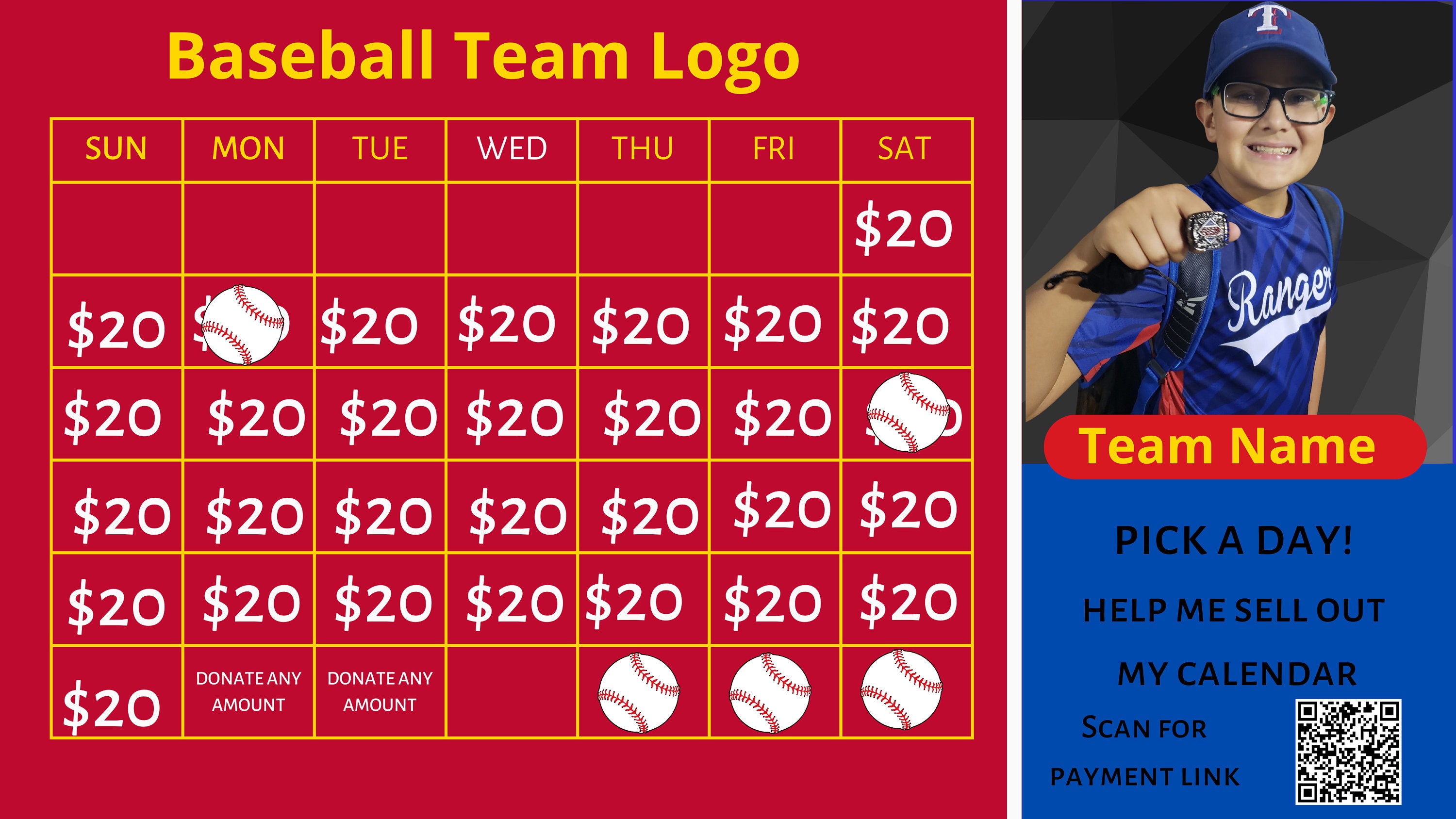 EDITABLE Baseball Fundraiser Pick A Date To Donate Fundraiser