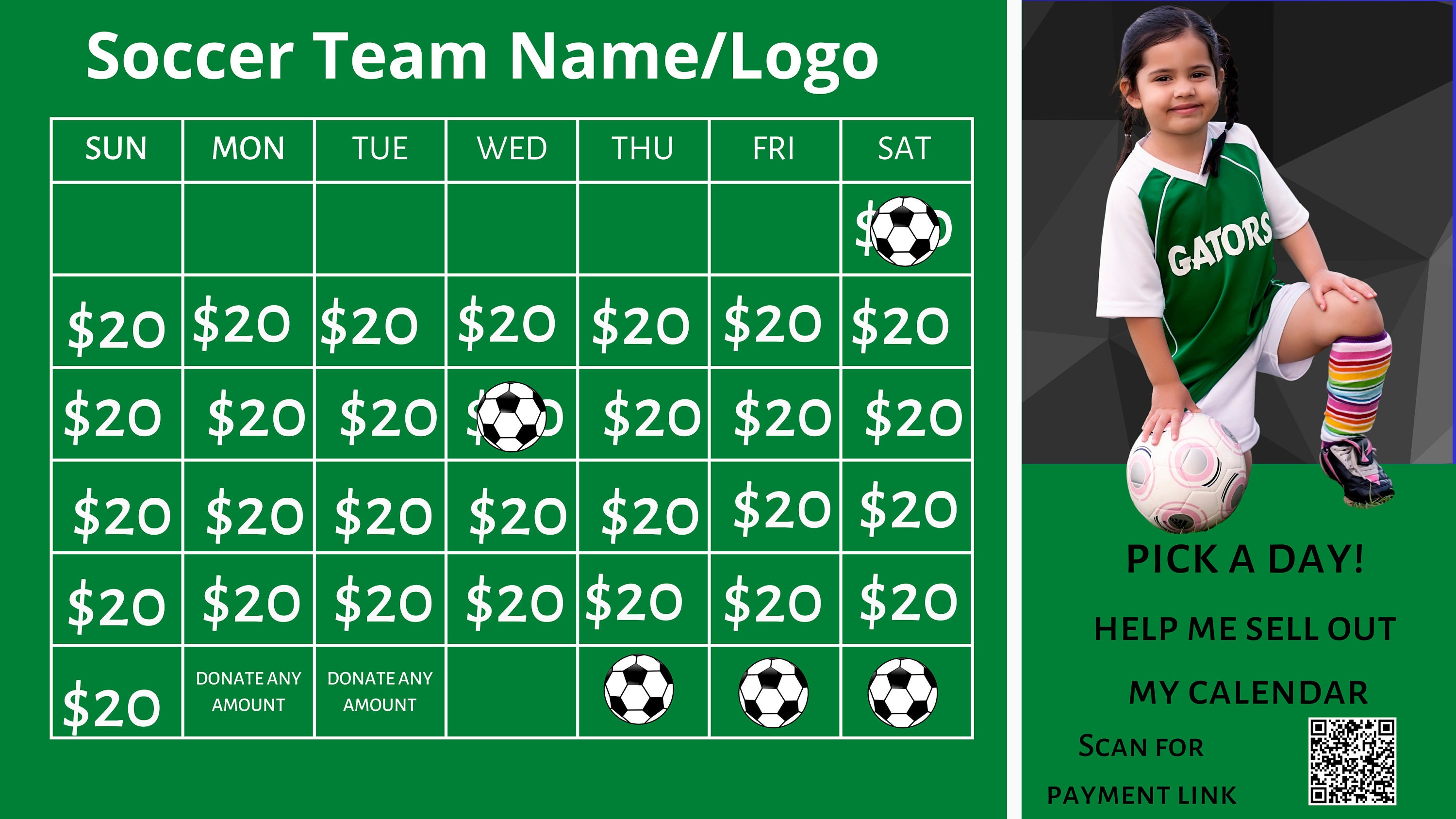 EDITABLE Soccer Fundraiser, Pick a Date to Donate, Fundraiser Calendar ...