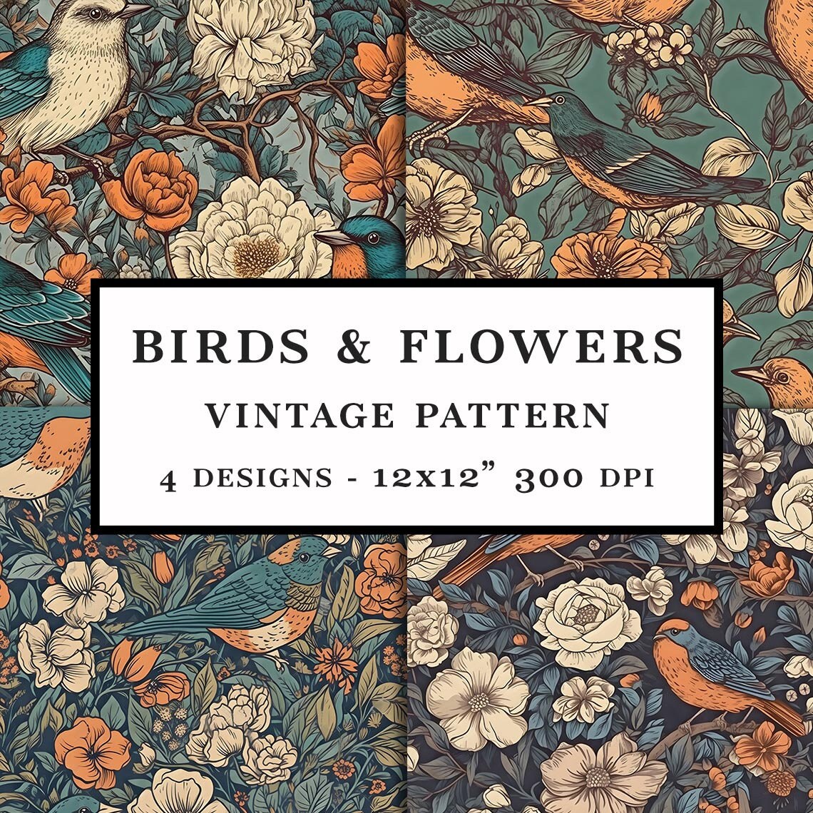 Birds & Flowers Vintage Style Pattern DIGITAL DOWNLOAD 4 Designs 12x12 ...