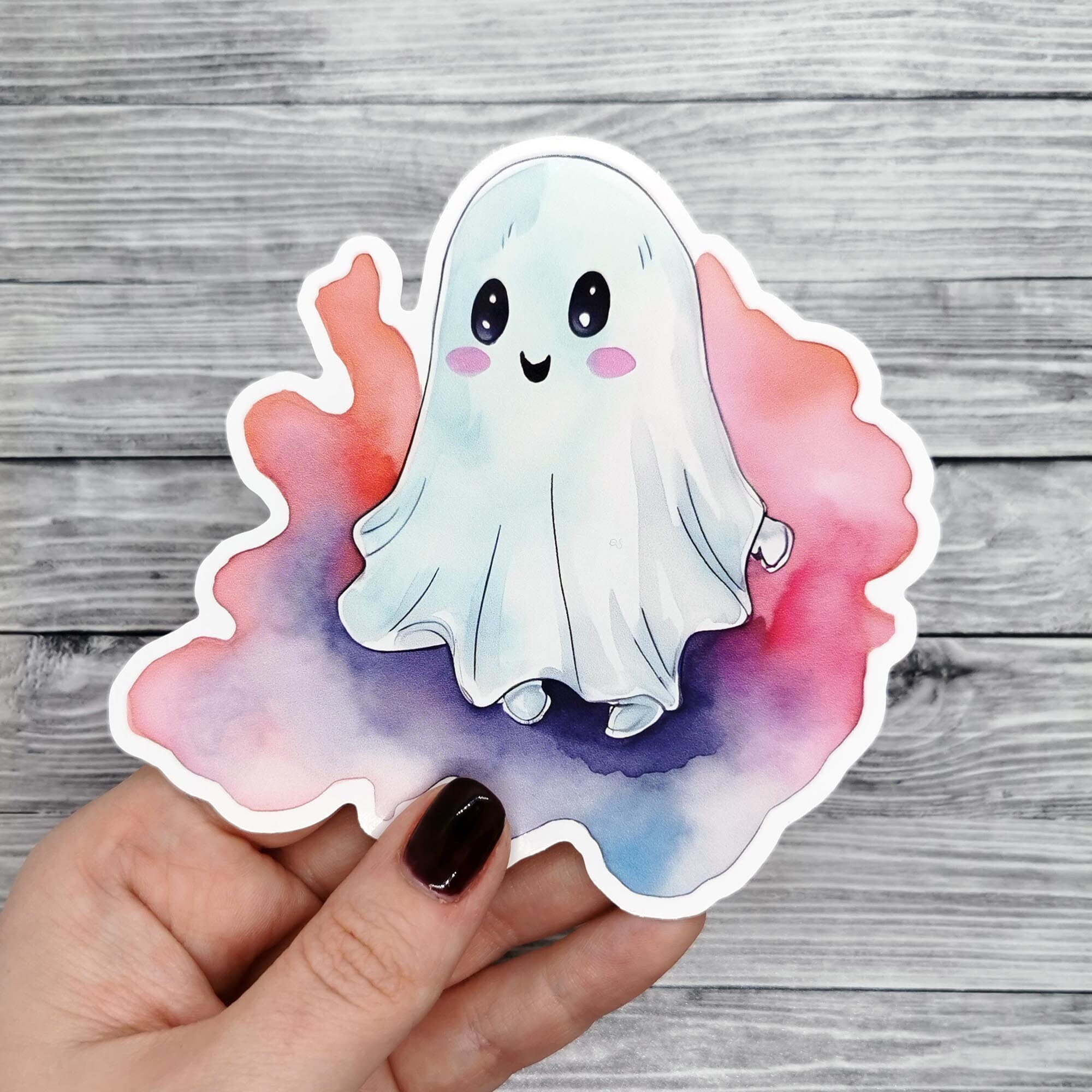 Ghost Vinyl Sticker // Cute Watercolor White Sheet Ghost Sticker Laptop ...
