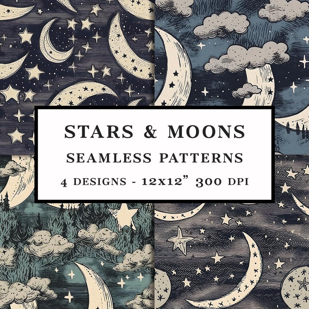Stars & Moons Vintage Style Seamless Pattern Pack - DIGITAL DOWNLOAD ...