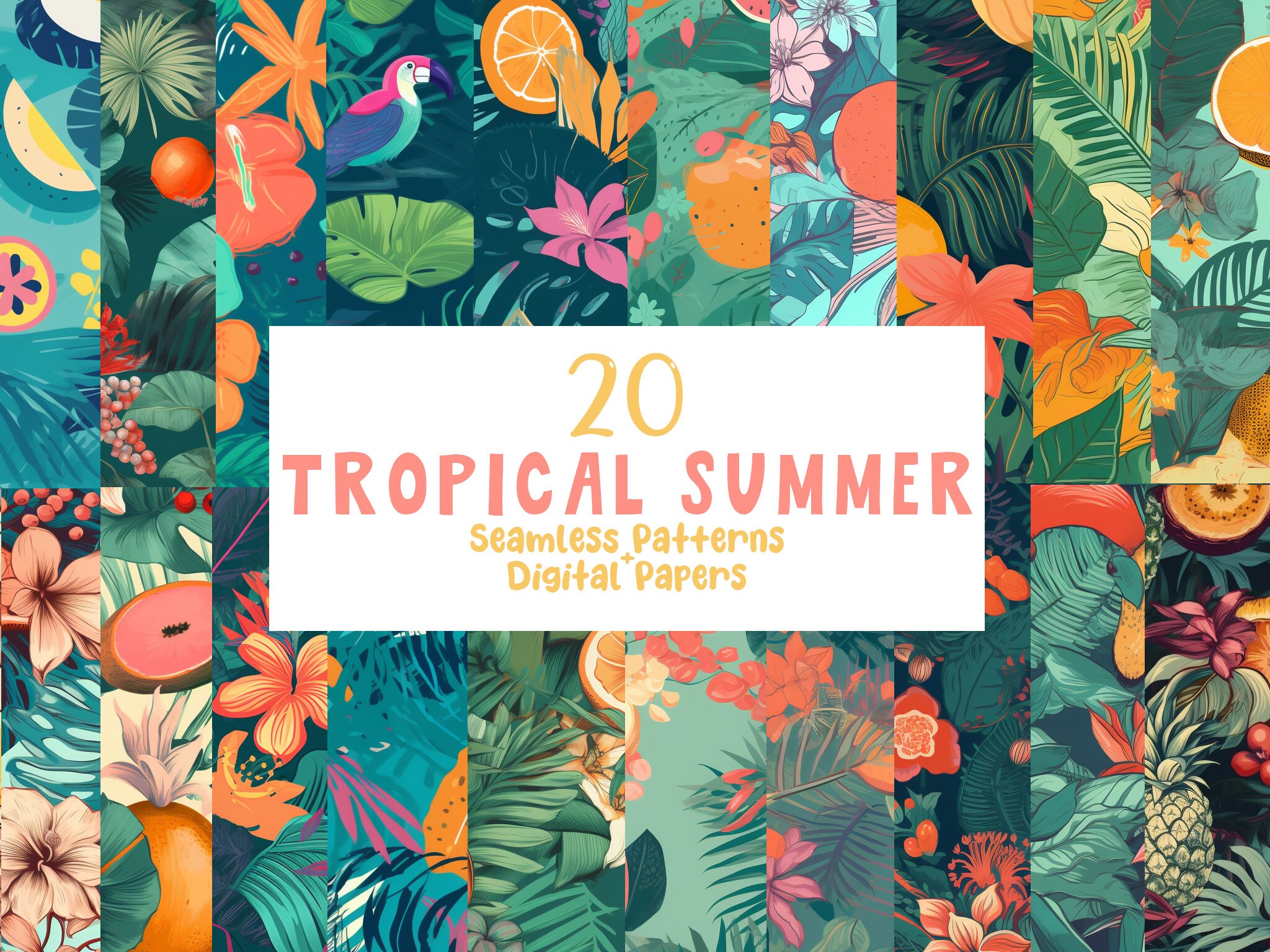 Seamless Summer Patterns - 20 Flower Digital Papers, Tropical Leaves ...