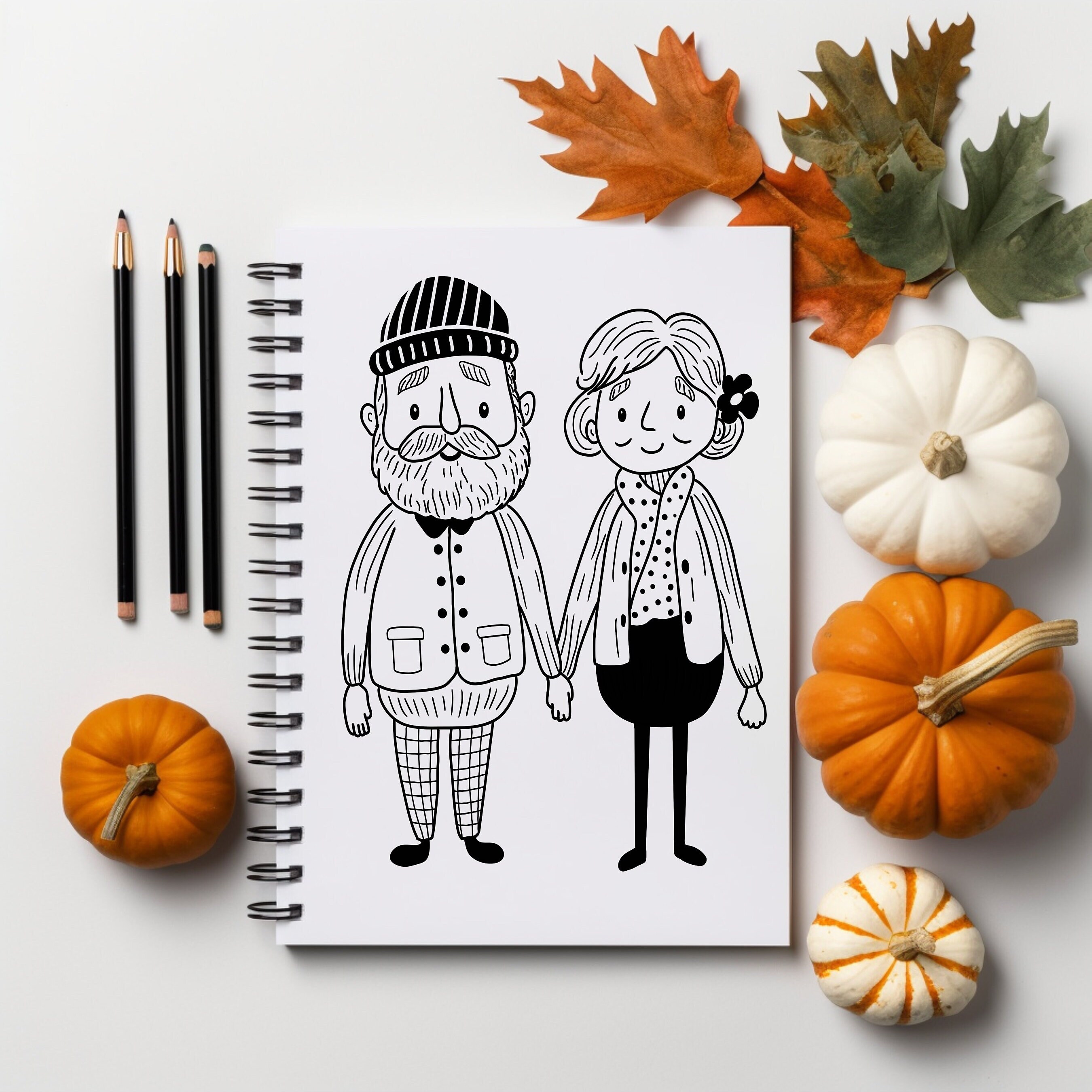 Grandparents Line Art Illustration: Grandma & Grandpa Doodle (SVG, PNG ...