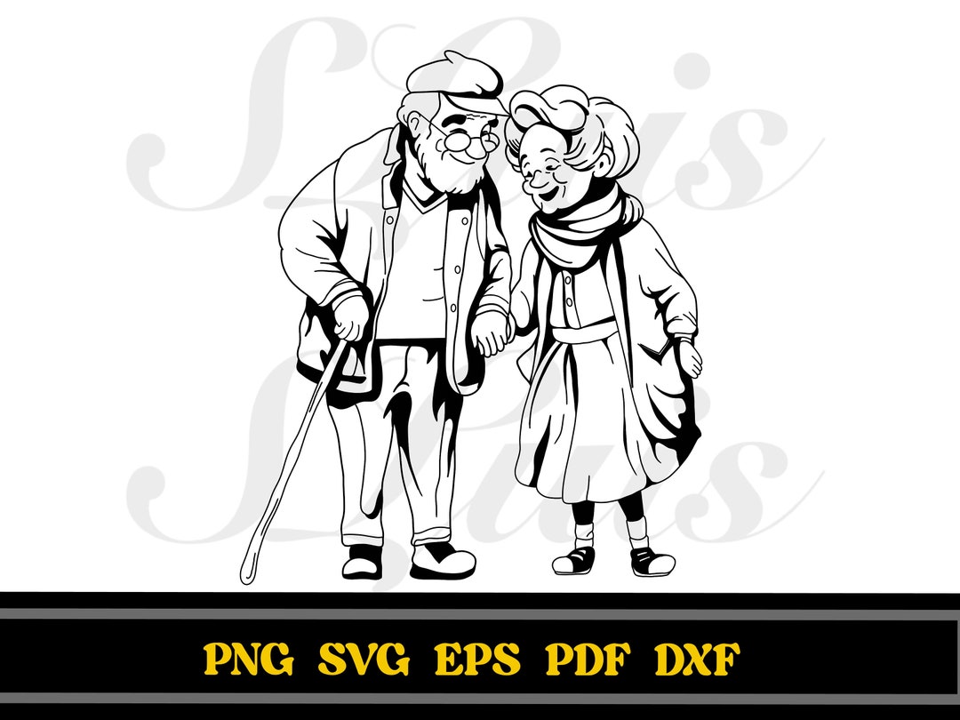 Grandparents Line Art Illustration: Grandma & Grandpa Doodle (SVG, PNG ...