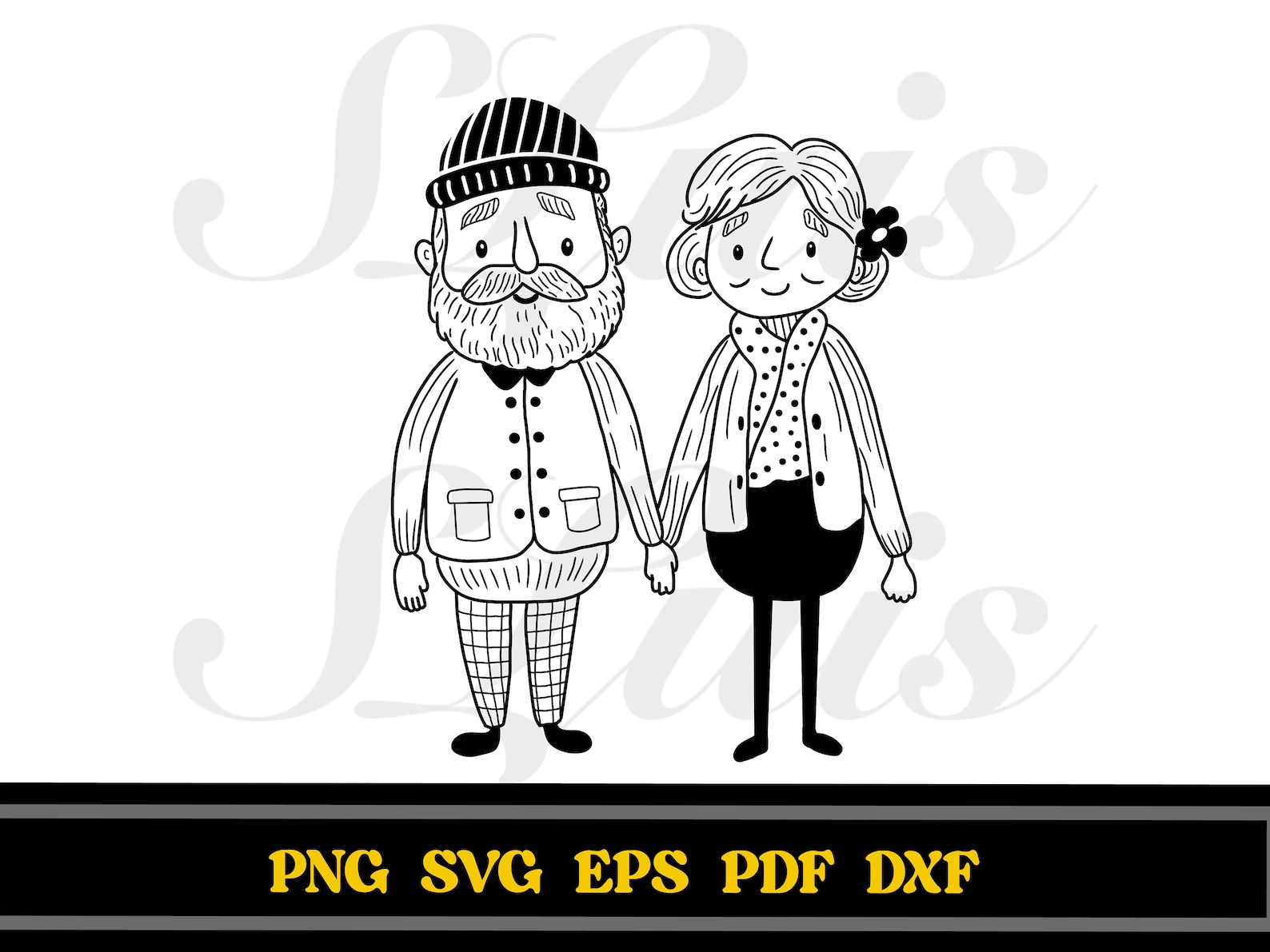 Grandparents Line Art Illustration: Grandma & Grandpa Doodle (SVG, PNG ...