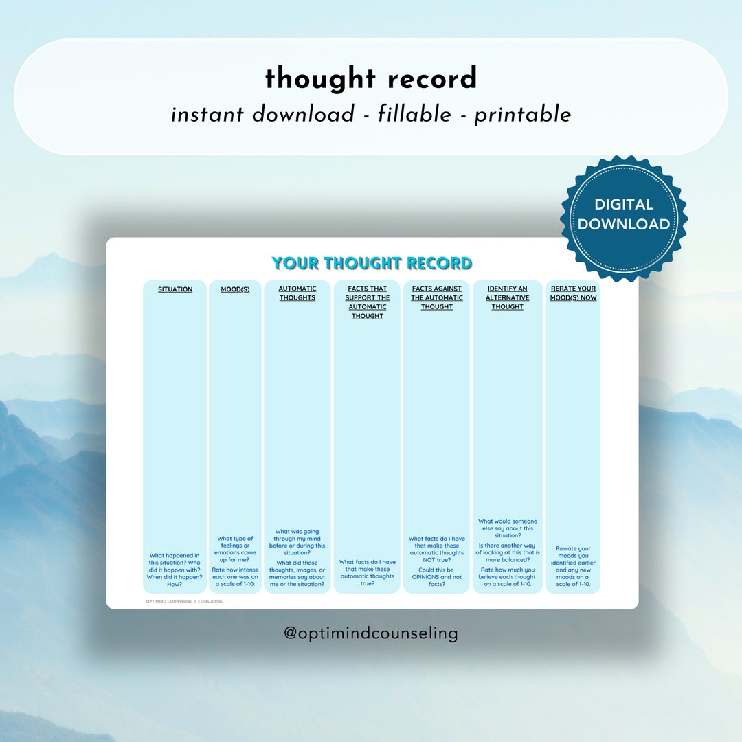Thought Record Worksheet for CBT, DBT, Therapy, Counseling, Social Work ...