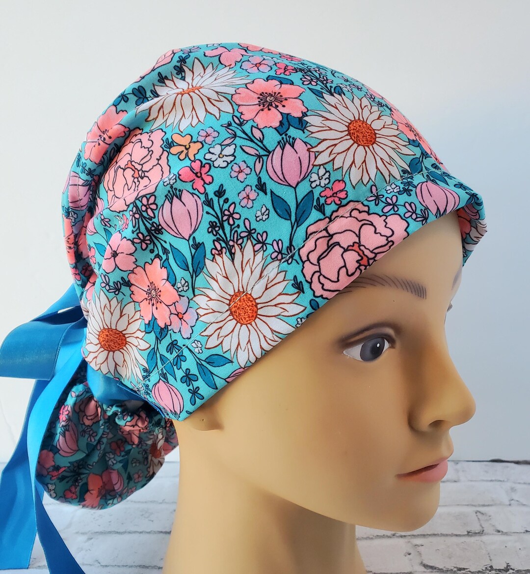 Euro Ponytail Scrub Cap the Beach Floral ,surgical Cap Type Ponytail ...