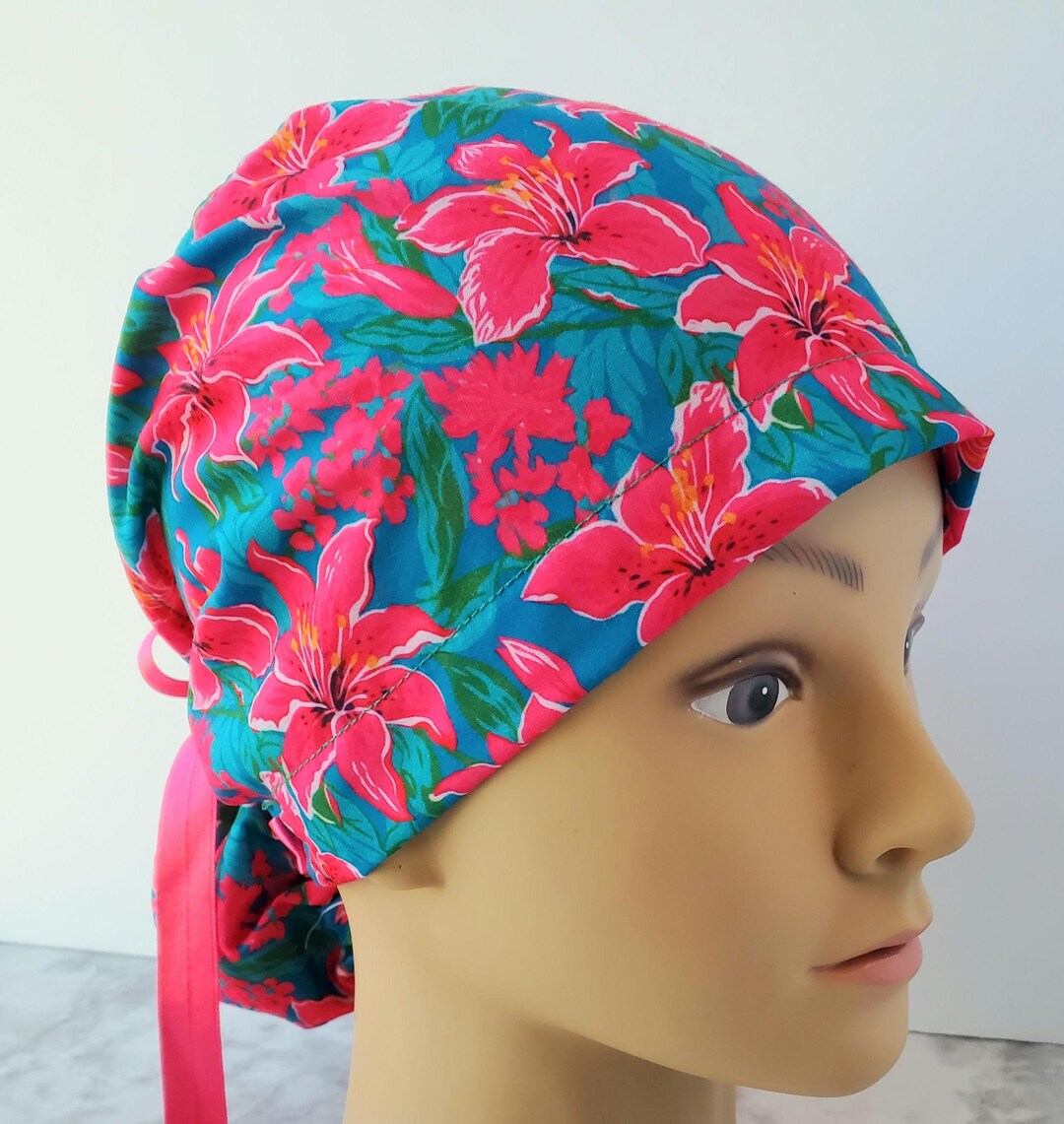 Euro Ponytail Scrub Cap Teal Lily Flower Pink,surgical Cap Ponytail ...