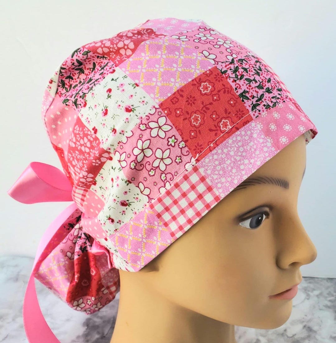 Patchwork Pink Floral Surgical Cap Type Ponytail Checkered Pink,nurse ...