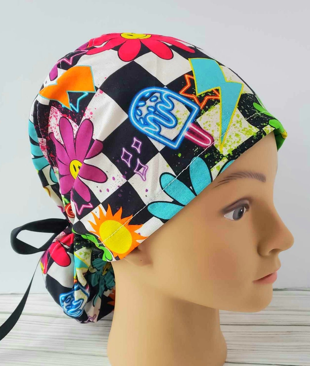 Euro Ponytail Scrub Cap Floral Groovy,surgical Cap Type Ponytail Plaid ...