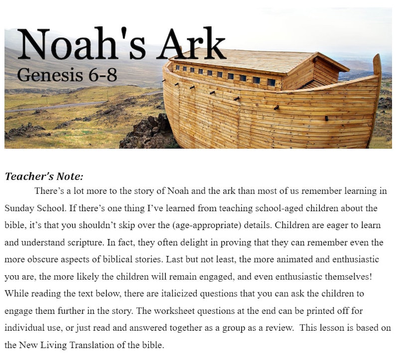 Noah's Ark Bible Lesson for School-aged Children (6-12) - Etsy