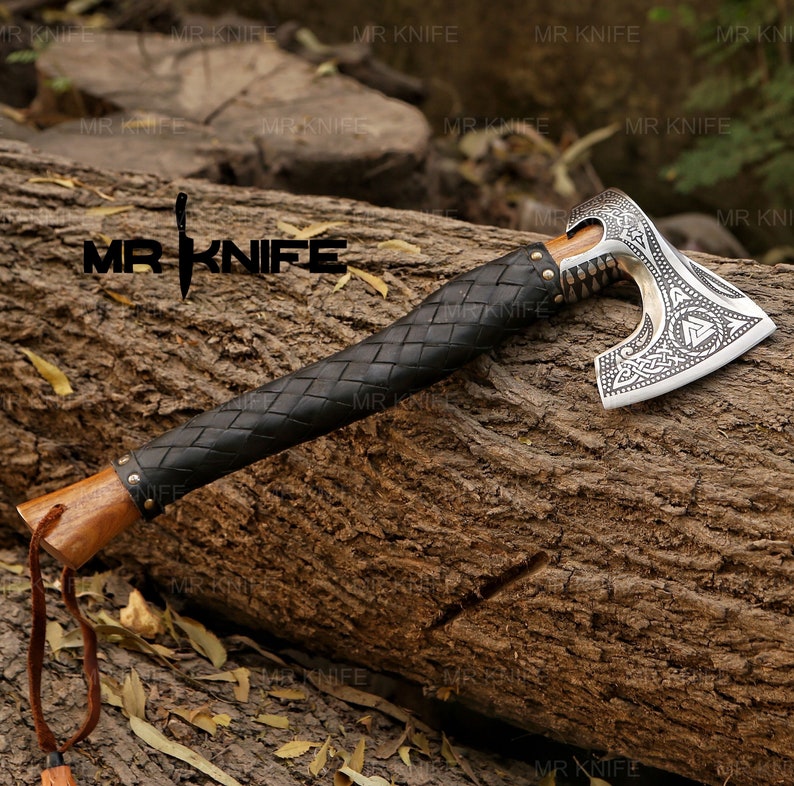Viking Axe, Handmade Carbon Steel Axe, Brown Leather Wood Handle ...