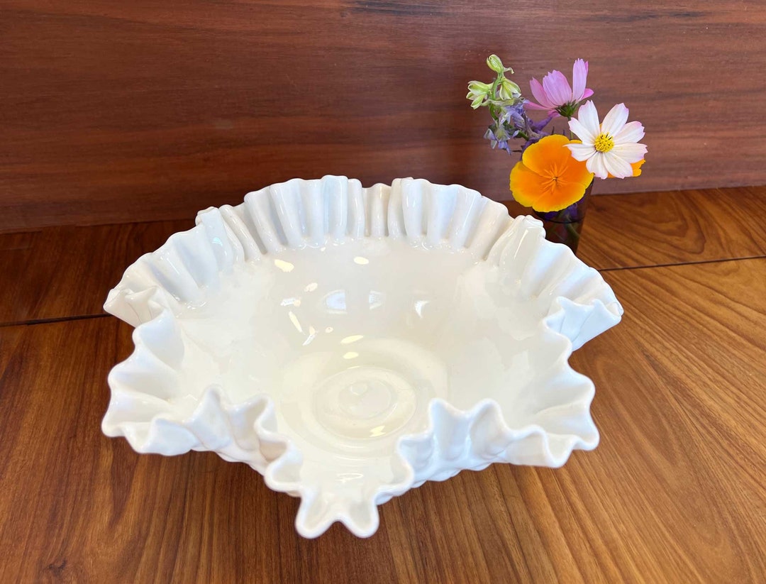 Vintage Fenton White Glass Hobnail Ruffled Crimped Fruit Bowl - Etsy