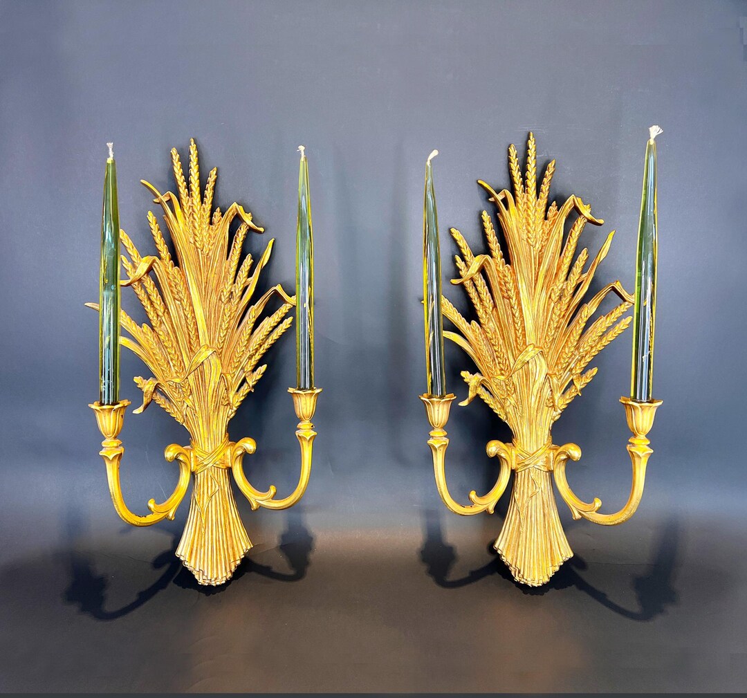 2 Vintage Large Gold Candelabras Wheat Design With Double Candle Votive ...
