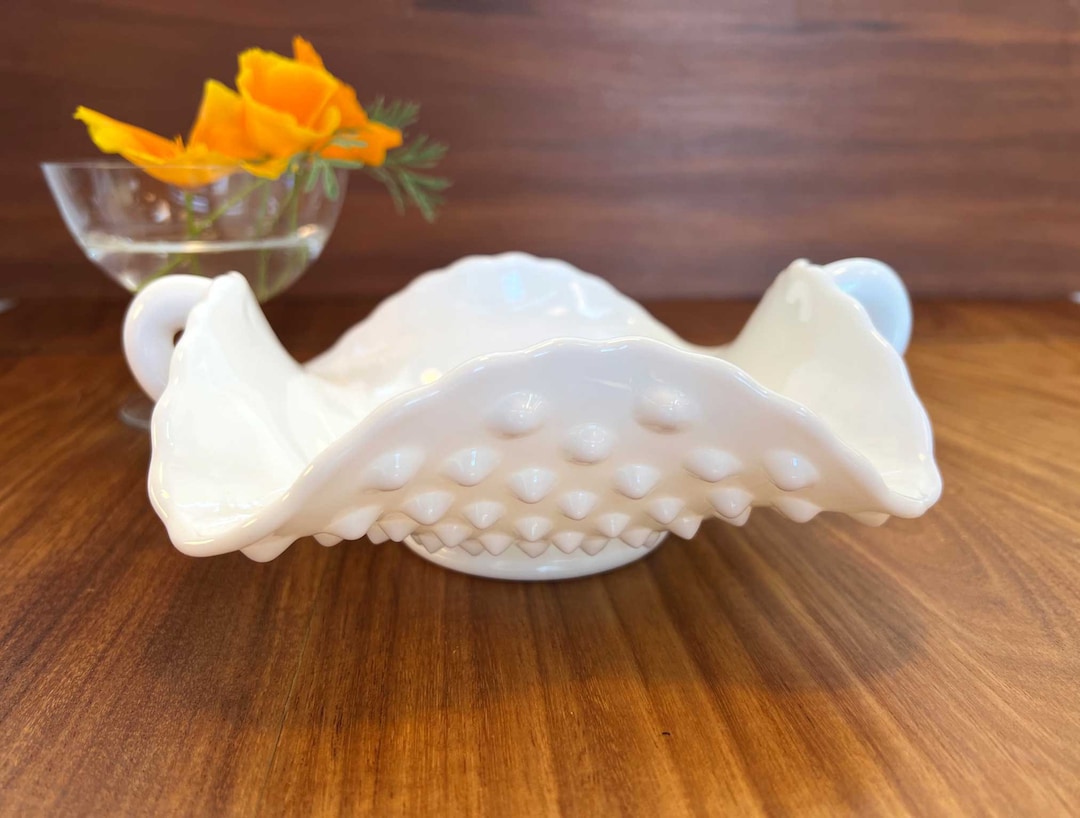 Vintage Fenton White Milk Glass Hobnail Double Handle Ruffle Edge Bon ...