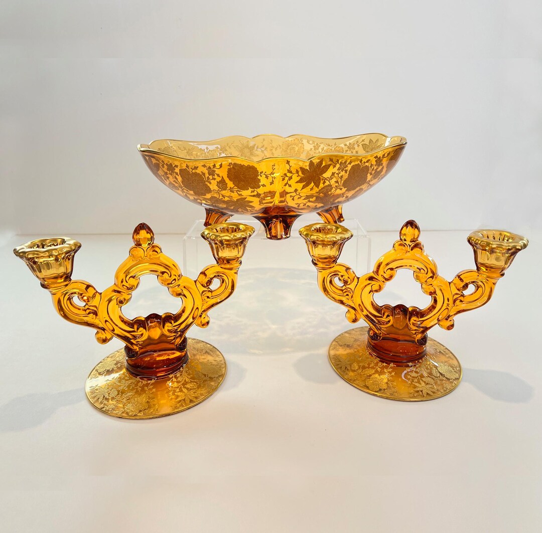 Very Rare Cambridge Amber Glass 1930s Candlesticks and Bowl in ...