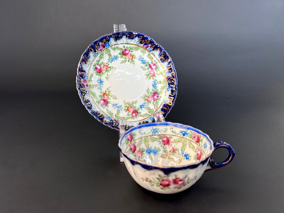 Antique Cobalt Flow Blue Trim Gold Hand Painted Floral Roses Teacup and ...
