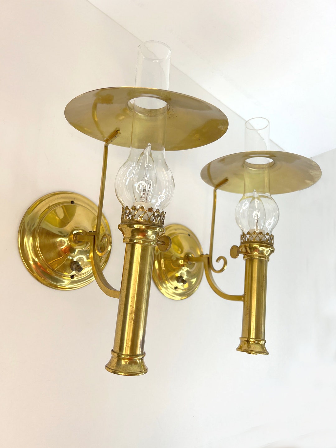 Vintage Pair 2 MCM Brass Hurricane Wall Sconce Underwriters ...