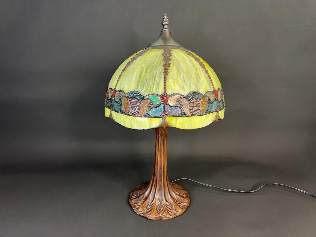 Vintage Tiffany Style Stained Glass Yellow Slag Table Lamp 21", Yellow ...