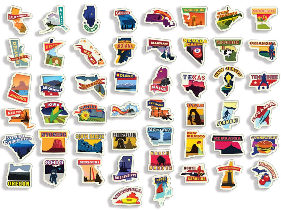 Sheet of 50 Colorful Postcard Look: All US State Shaped Stickers (small ...