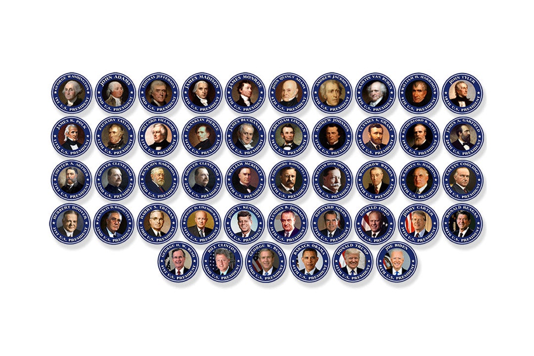 Sheet of All 46: 2.5 Inch Round Presidents of the United States ...