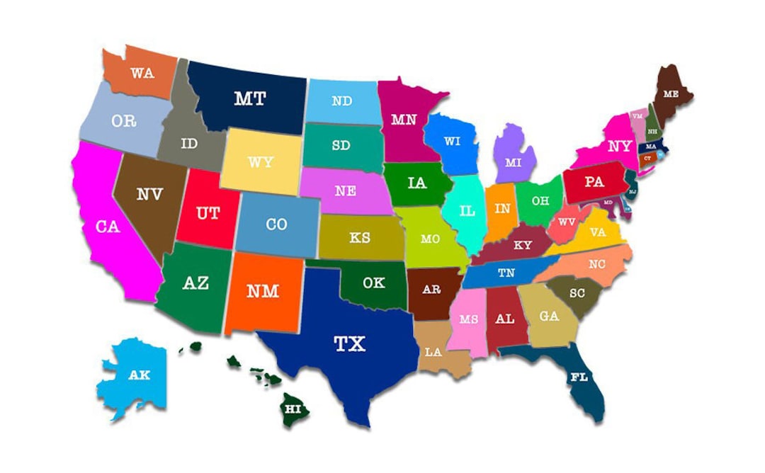 15x24 Inch U.S. Shaped Map of Multi Color 50 States Individual Stickers ...