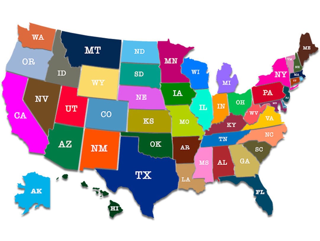 7.5x12 Inch U.S. Shaped Map of Multi Color 50 States Individual ...