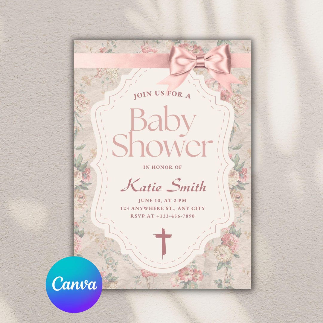 Christian Baby Shower Invitation | Pink Floral, Editable Canva Template ...