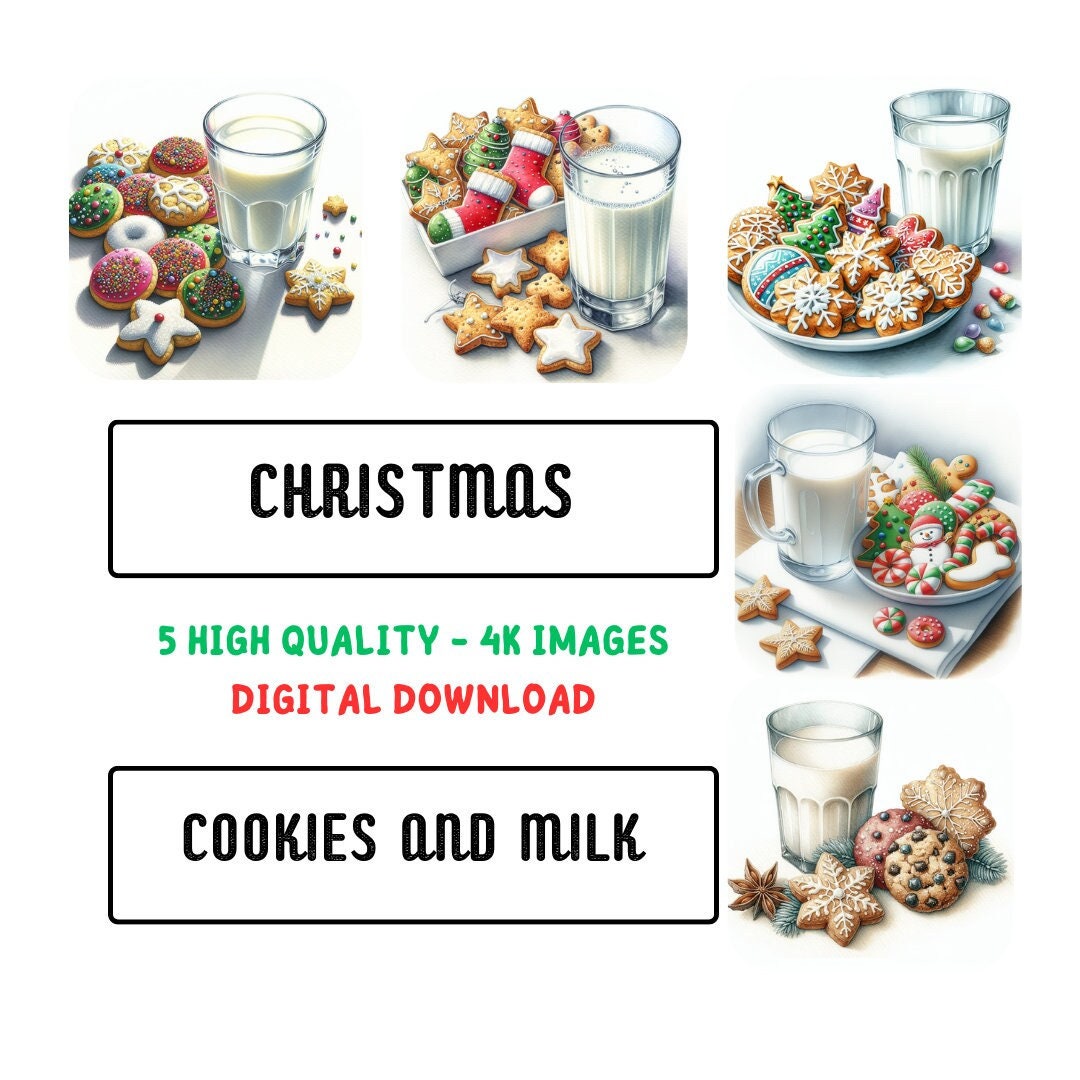 5 Christmas Cookies and Milk Clipart 4K Png, Digital Art, Christmas ...