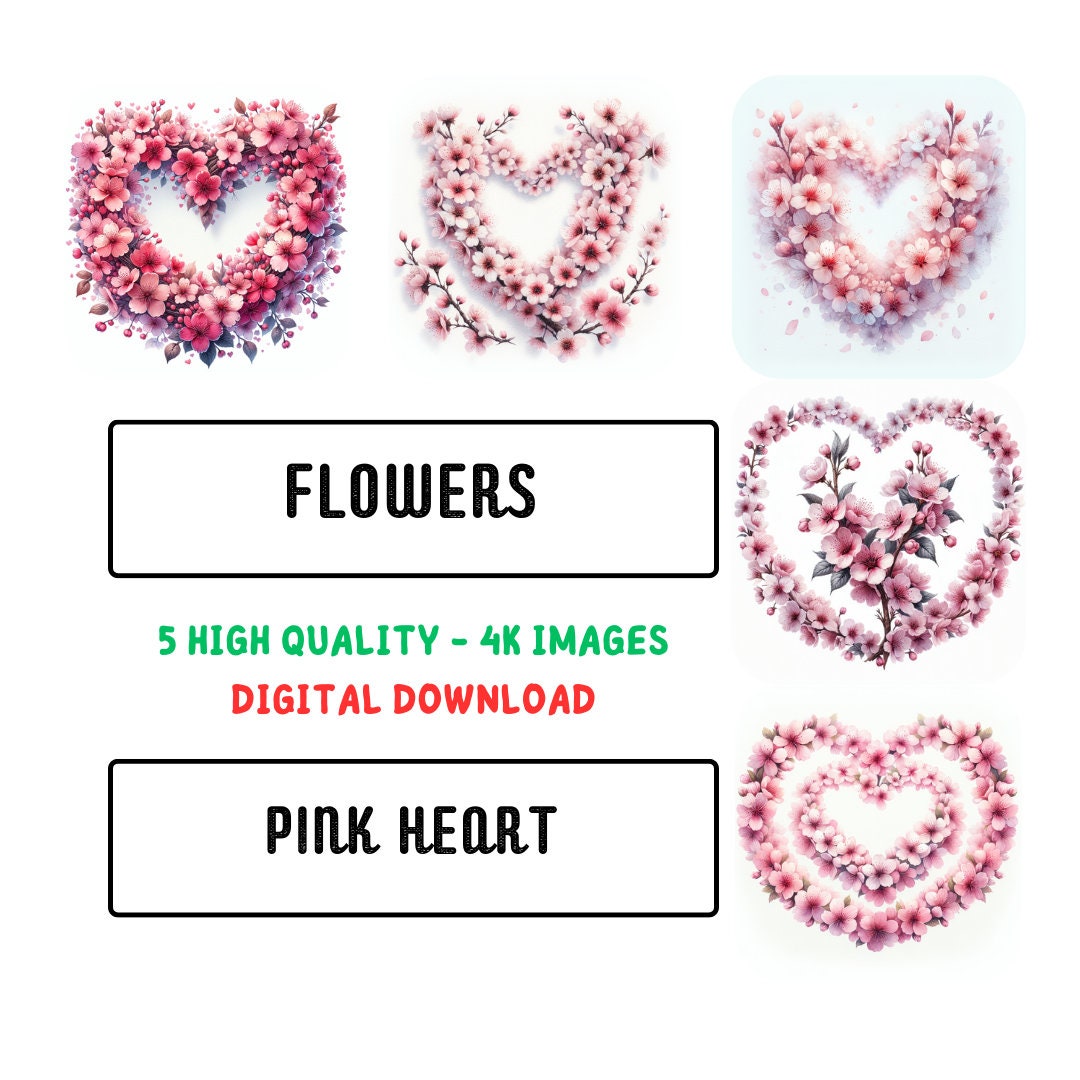 5 Heart Flower Pack Clipart 4K Png Digital Crafts Giftcard - Etsy